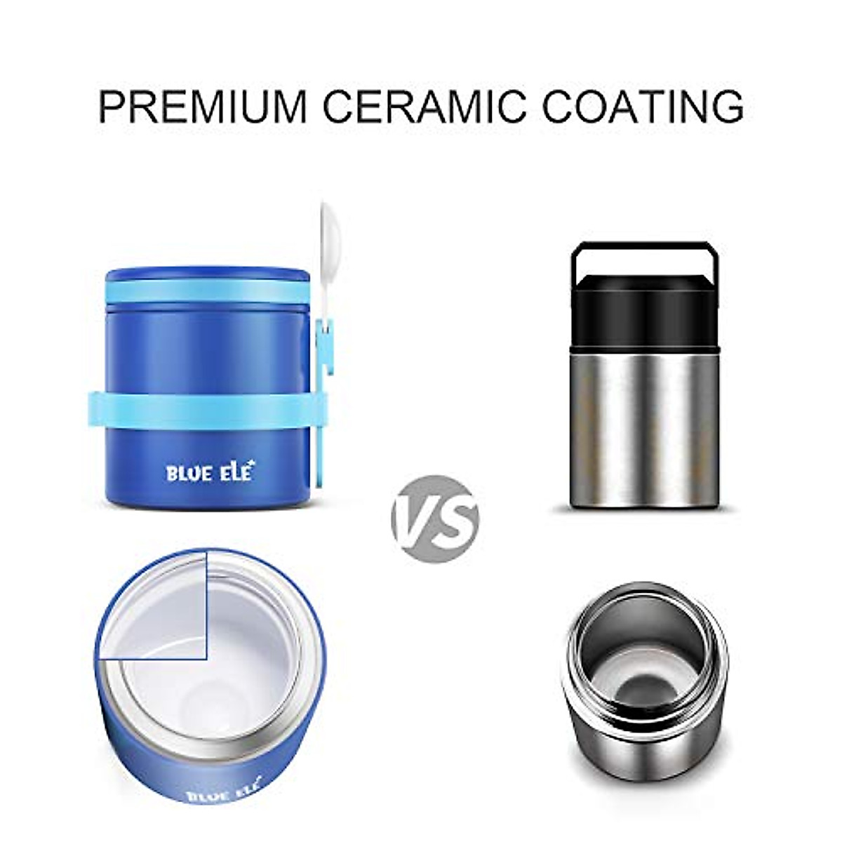 BLUE ELE Leakproof, Vacuum Insulated Thermos Hot Lunch Containers with Ceramic-Coated Stainless Steel, Easy Grip Lid, and Folding Spoon, 13.5oz, Deep Blue
