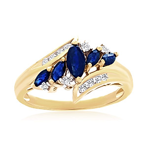 Lexi and Rose 14K Yellow Gold, Marquise Cut Blue Sapphire & 1/10 Cttw Diamonds Channel Set Bypass Engagement Ring (I-J Color, I2-I3 Clarity) - Size 7