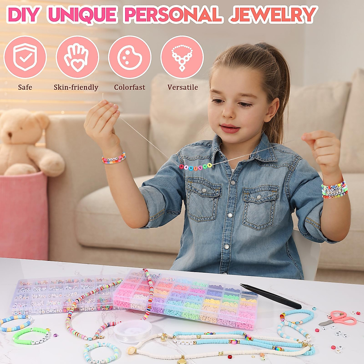 7340 Friendship Bracelet Kit,32 Colors Clay Beads Bracelet Making Kit,1260 pcs 10 styles of Letter, Number & Pattern Beads,Polymer Heishi Beads with Charm for Jewelry Making,Christmas Crafts Gifts