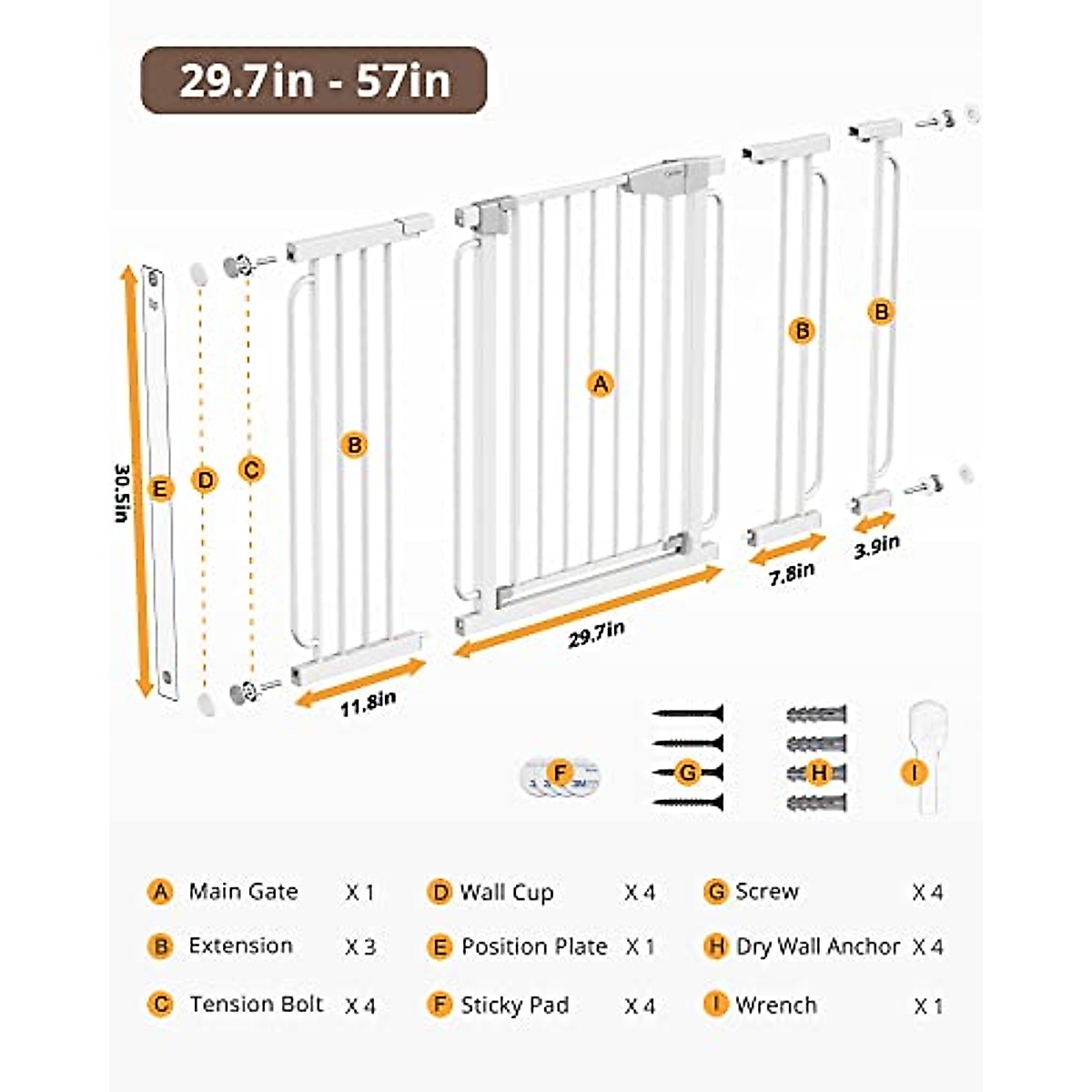 Mom's Choice Awards Winner-Cumbor 29.7-57" Baby Gate for Stairs, Extra Wide Dog Gate for Doorways, Pressure Mounted Walk Through Safety Child Gate for Kids Toddler, Tall Pet Puppy Fence Gate, White