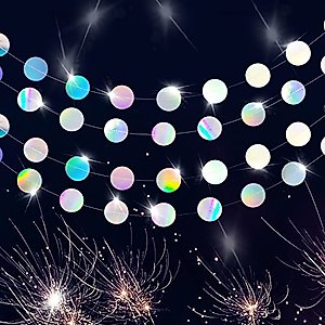 Iridescent Disco Party Decorations Garland, Retro 70s Circle Streamers, Holographic Hanging Dancing Decor Backdrop, Sparkle Birthday Bachelorette Mermaid Unicorn Theme Party Supplies