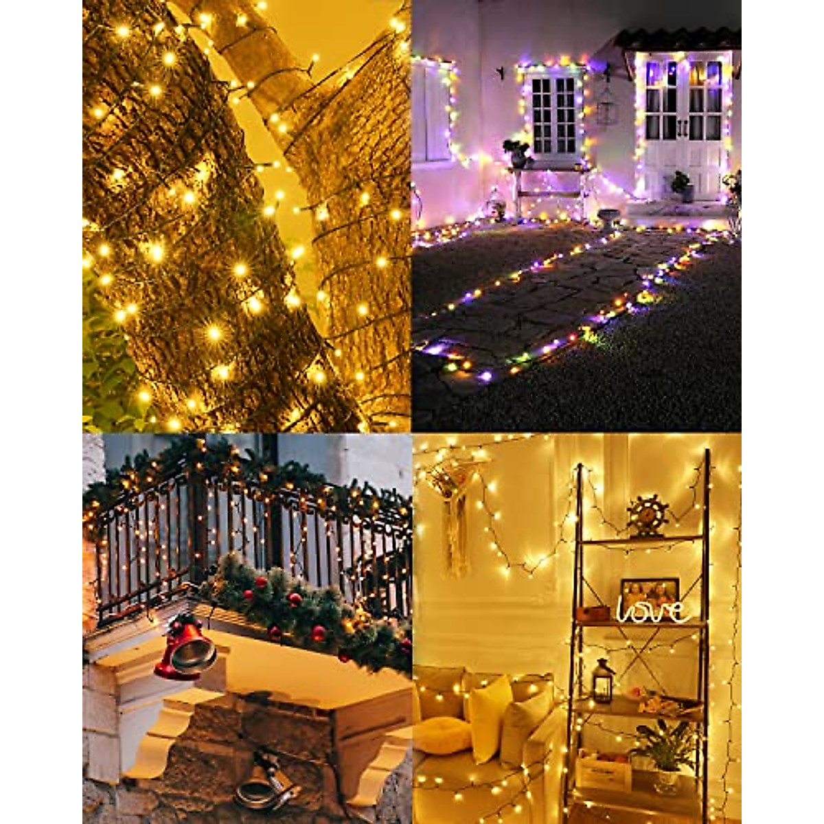 Ollny Solar String Lights Outdoor Waterproof Warm White & Multicolor 2 Pack Each 98Ft 300LED, 11 Modes Super Bright Fairy Lights, Outdoor Christmas Tree Lights for Outside Garden Patio Wedding Party