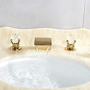 NeierThodore LED Widespread Bathroom Faucet Waterfall Gold Polished Lavatory Faucets Basin Mixer Tap 2 Crystal Knobs 3 Holes