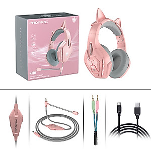 PHOINIKAS PS5 Gaming Headset for PS4, PC, Switch, Q10 Xbox One Headset with Stereo Sound, Detachable Mic, Wireless Bluetooth 5.3 Headphone only for Laptop/Phone/Tablet, 40H Plyatime (Pink)