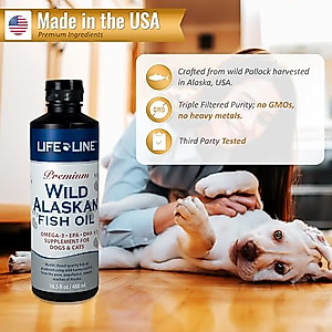 Life Line Pet Nutrition Wild Alaskan Fish Oil Omega-3 Supplement for Skin & Coat – Supports Brain, Eye & Heart Health in Dogs & Cats, 16.5oz