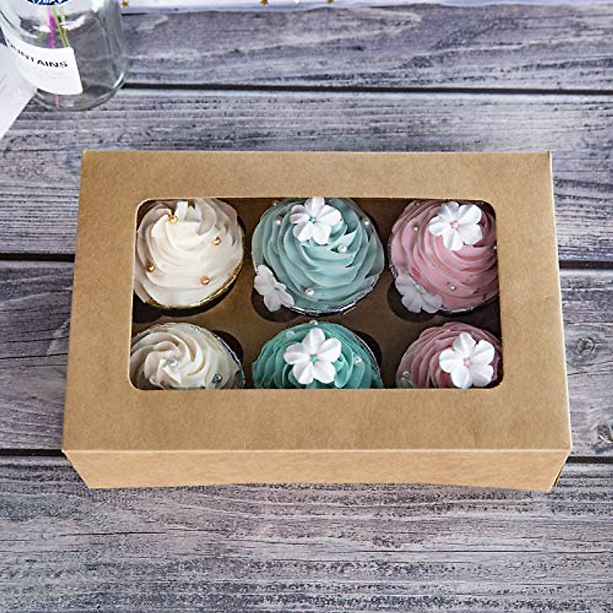ONE MORE Cupcake Boxes with Inserts 6 Holders,9x6x3inch Large Brown Kraft Standard Bakery Boxes with Window Food Grade Cake Carrier Container for Muffins Gift Treat Box Bulk,Pack of 15