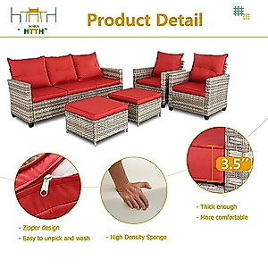 HTTH Patio Furniture Sets PE Rattan Wicker Outdoor Conversation Set Patio Sectional Sets Patio Sofa Couch Set with 2 Ottomans for Porch, Balcony, Lawn (Gray-Red)