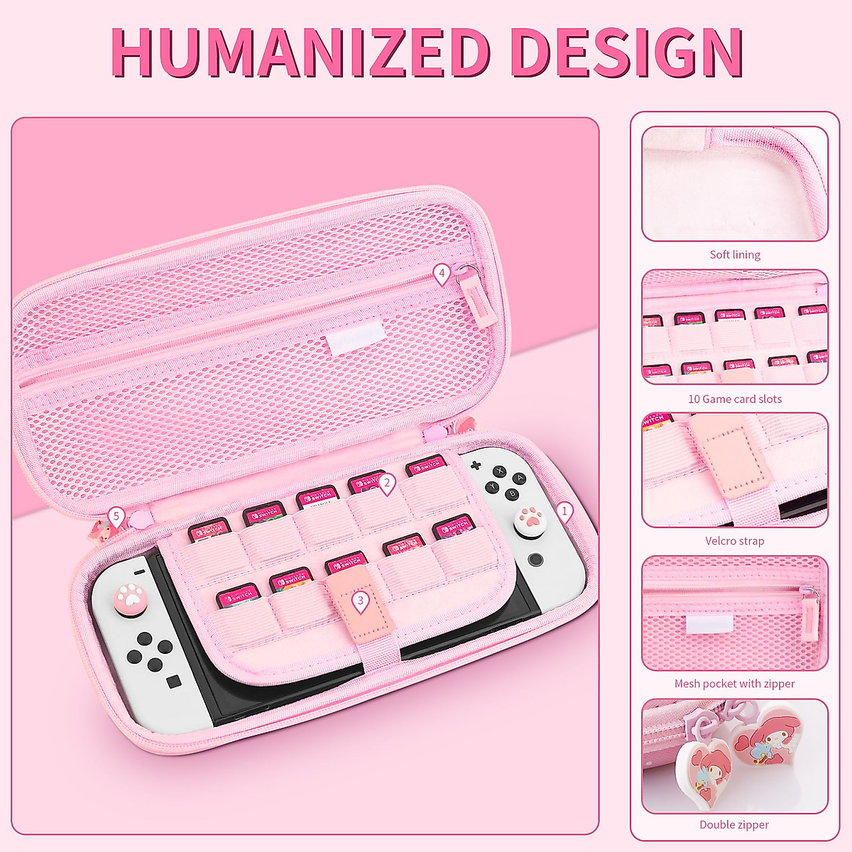FUNDIARY Cute Bunny Carrying Case for Nintendo Switch and Switch OLED, Pink Portable Travel Case Built-in 10 Game Card Slots for Switch Console Joycon & Accessories with Shoulder Strap and 2 Thumb Cap
