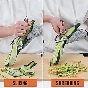 RIUIOUGA Stainless Steel Double Sided Vegetable Peeler with Cut Resistant Gloves - Multifunctional Carrot Shredder Fruit Peeler, Portable Kitchen Peeler for Shredding, Peeling and Slitting