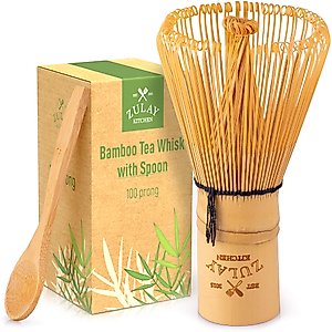 Zulay Traditional Matcha Whisk & Spoon - 100 Prong Matcha Bamboo Whisk For Ceremonial Tea Preparation - Authentic Japanese Bamboo Whisk For Matcha Tea - Matcha Tea Whisk for The Perfect Matcha