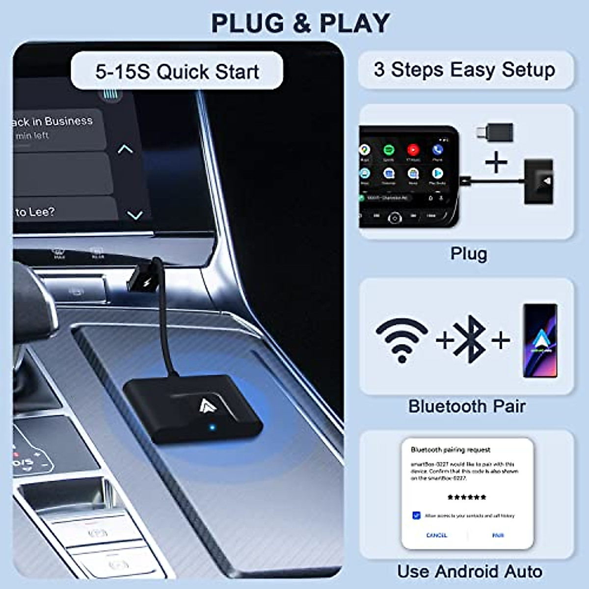 Teeran Android Auto Wireless Adapter for OEM Factory Wired Android Auto Cars Plug & Play Easy Setup Wireless Android Auto Dongle for Android Phones Converts Wired Android Auto to Wireless
