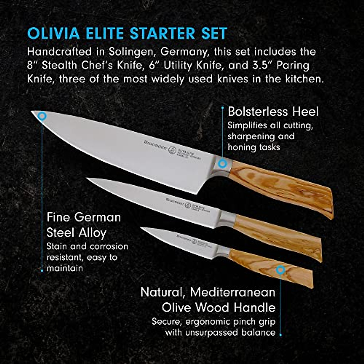 Messermeister Oliva Elite Starter Knife Set - Includes 8" Stealth Chef's Knife, 6" Utility Knife & 3.5" Paring Knife - Rust Resistant & Easy to Maintain