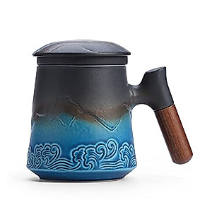 MAXJOY Tea Cup with Infuser and Lid,15.2 OZ Large Loose Leaf Tea Cup,Ceramic Tea Steeping Mug with Rosewood Handle,Black & Blue