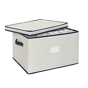 Chapman & Grand Wine Glass Storage Chest, Protective Container Box with Lid for Stemware, (Light Beige-Navy)