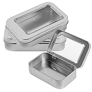 Restaurantware RW Base 4.5 Ounce Rectangular Tin Containers 10 Durable Tin Boxes With Lids - Clear Window Lids Rounded Edges Silver Tin Storage Containers Customizable Fits Mints Or Pills