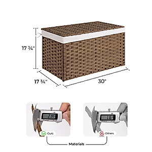 StorageWorks Storage Basket with Lid, 160 Liter Storage Box, Wicker Blanket Storage Basket with Handles, Foldable, Removable Fabric Liner, Metal Frame, For Bedroom, Laundry Room, Brown