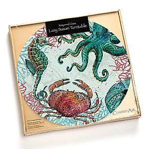 CounterArt Ocean Finds 4mm Heat Tolerant Tempered Glass Lazy Susan Turntable 13" Diameter Cake Plate Condiment Caddy Pizza Server