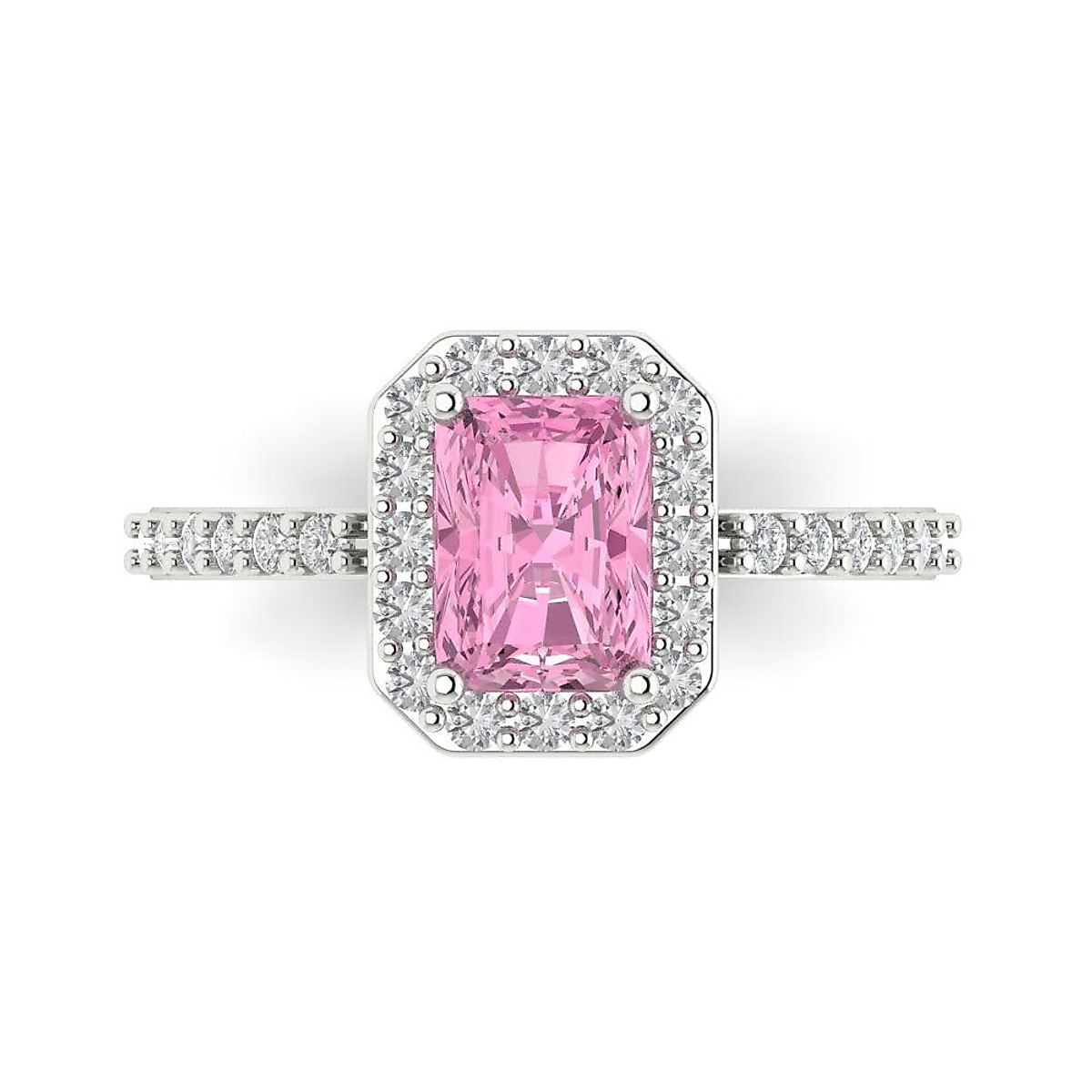 Clara Pucci 2.04ct Emerald Cut Custom Engraving Solitaire W/Accent Halo Pink Faux Diamond Statement Art Deco Ring 14k White Gold Size 8