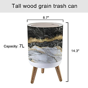 Small Trash Can with Lid abstract creative texture of marble and gold foil decorative marbling Round Recycle Bin Press Top Dog Proof Wastebasket for Kitchen Bathroom Bedroom Office 7L/1.8 Gallon