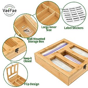 VaeFae Ziplock Bag Storage Organizer- Bamboo Food Bags Container for Kitchen Drawer Compatible for Gallon, Quart, Sandwich, Snack, and Slider Bag