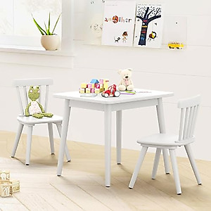 Curipeer Windsor Kids Table and 2 Chair Set, Rubberwood Toddler Table and Chair Set for Art, Play, Craft, Activity, Children Table with Non-Slip Legs/Round Edge Design, White