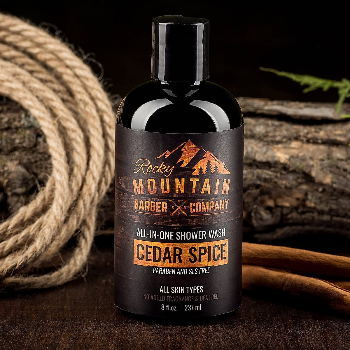 Rocky Mountain Barber Company Cedar Spice All-In-One Body Wash – Shampoo, Body Wash, Conditioner, Face Wash & Beard Wash with Essential Oils - 8 oz