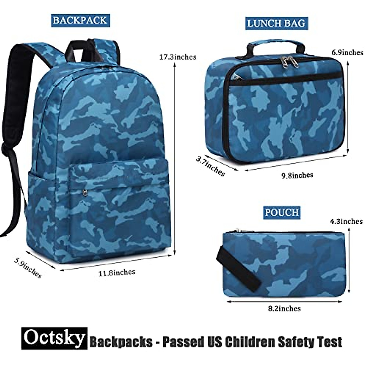 Octsky Kids Backpack for School Girls Boys Backpack with Lunch Box Set Elementary High School Book Bag Backpack for Teens Camo Shark Blue