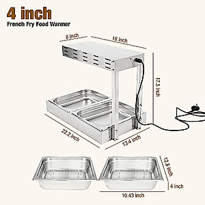 Restlrious French Fry Warmer Commercial Heat Lamp Food Warmer, Free Standing Electric Infrared Heating Dump Station, 500W Stainless Steel Food Warming Light w/2 Half Size Food Pan for Fries 4” Deep