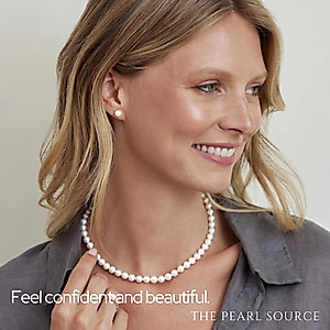 The Pearl Source 14K Gold 7-7.5mm AAA Quality Round White Akoya Cultured Pearl Necklace, Bracelet & Earrings Set in 18" Princess Length for Women