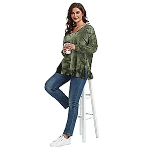 LARACE Tie Dye Sweatshirts for Women Plus Size Tops V Neck Side Split Shirt Casual Long Sleeve Pullover Tee(E-Olive 2X)