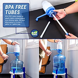 Dolphin Manual Water Pump for 5 Gallon Bottles, Fits 2-6 Gallon Bottles, Blue Manual Hand Pressure Water Dispenser, Secure Fit on Crown Top Jugs, 3 Tube Lengths, Sanitary Cap, BPA-Free