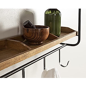 Kate and Laurel Oddell Farmhouse Wall Shelf with Hooks, 24 x 6 x 15, Rustic Brown, Modern Decorative Two-Tier Shelf