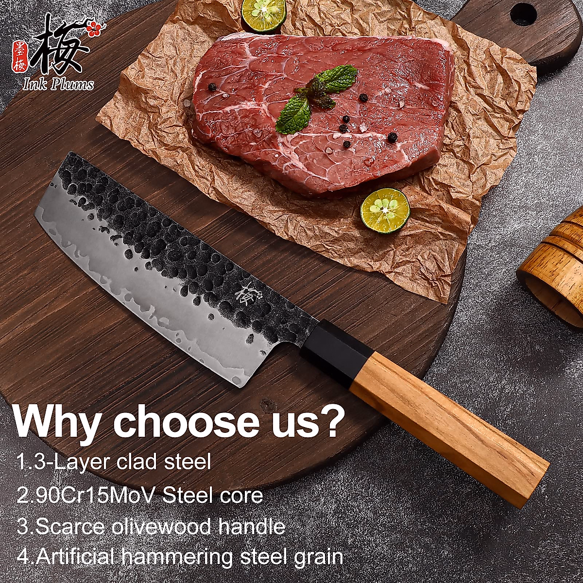 Ink Plums 6.7 Inch Kitchen Usuba Knife,Vegetable Cleaver Knife Asian Nakiri Knife,Stainless Steel With Hand-forged,Olivewood Handle and Gift Box for Family & Restaurant