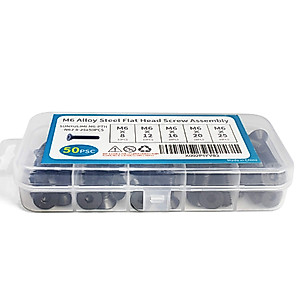 M6 x 8mm 12mm 16mm 20mm 25mm Flat Head Socket Cap Screws Countersunk Bolts, 10.9 Grade Alloy Steel, Black Oxide Finish, Fully Threaded, Metric Allen Hex Drive, Assortment Kit 50PCS