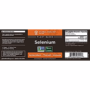 Global Healing Selenium 200mcg, Selenium Supplement with Organic Ingredients, Antioxidants for Thyroid Support and Immune Health, Non-GMO & Gluten-Free, Selenium 200 mcg for Men & Women (60 Capsules)