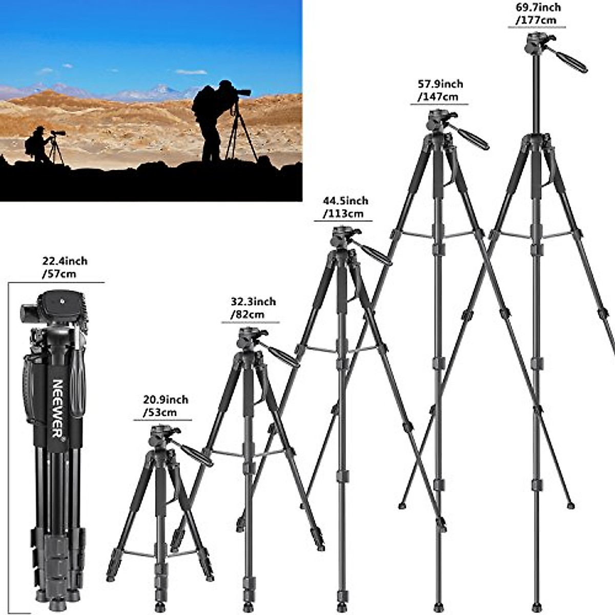NEEWER Portable Aluminum Alloy Camera 2 in 1 Tripod Monopod Max. 70"/177cm with 3 Way Swivel Pan Head and Carrying Bag for DSLR, DV Video Camcorder (SAB264, Black)