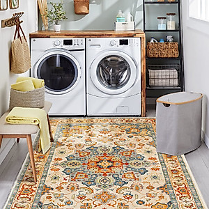 COMSLE Boho Area Rug, 4' x 6' Machine Washable Rugs for Entryway Faux Wool Large Rugs Distressed Throw Rug Non-Slip Floor Carpet for Indoor Bedroom Kitchen Living Room