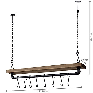 MyGift Ceiling or Wall Mounted Pot Rack with Rustic Brown Solid Wood Shelf and Industrial Matte Black Metal Pipe, Hanging Cookware Utensils Organizer with 8 S-Hooks