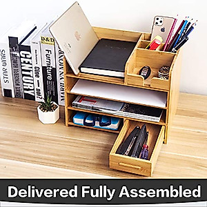 Bamboo Desktop Organizer | Home Office Bamboo Desk Drawer Organizer - 4 Tier Durable Wood Table Top Storage for Pencils, Notepads, Documents & Office Supplies