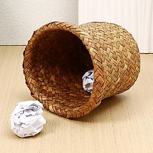 HOLIDYOYO Seagrass Woven Basket Small Countertop Trash Can Mini Wastebasket Woven Plant Pot Holder Pencil Cup Makeup Brush Organizer Farmhouse Home Decor