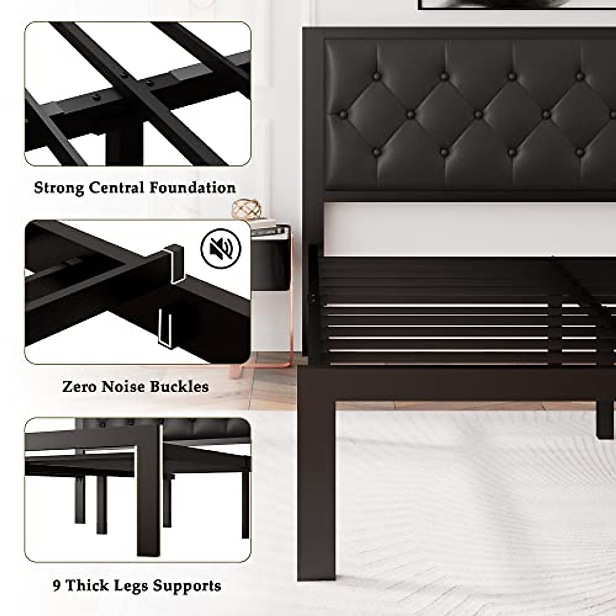 Feonase Queen Size Metal Bed Frame with Faux Leather Button Tufted Headboard, Heavy-Duty Platform Bed Frame with 12" Storage, Steel Slats Support, No Box Spring Needed, Noise Free, Black