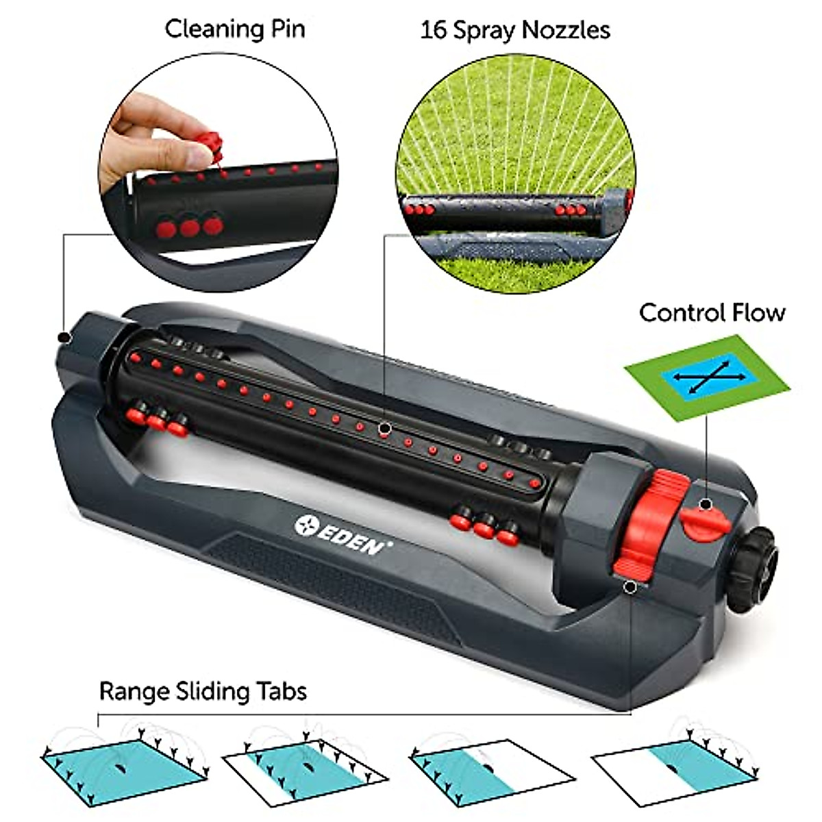 Eden Turbo Oscillating Sprinkler for Large Yard and Lawn W/Quick Connector Starter Set 96212 Covers up to 4,499 sq. ft., black/red