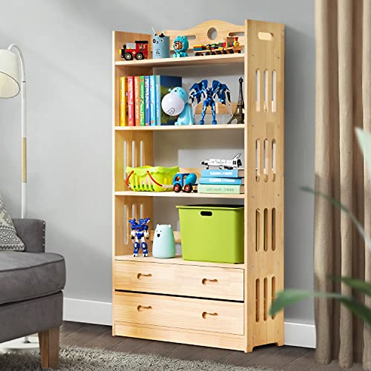 MoNiBloom 4 Tier Bookcase with Open Shelves and 2 Drawers, Solid Wood Large Storage Organizer Book Shelf Cabinet Display Organizer for Kids Room Living Room Bedroom, Natural