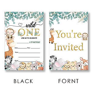 EUDOSI Wild One 1st Birthday Party Invitations Supplies Fill-In Set of 20 with Envelopes Jungle Animals 1st Birthday Bash Invites Cards, Double Sided