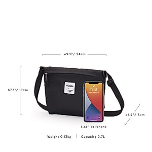 Hellolulu CANA Compact Crossbody Bag, Water Resistant Lightweight For Daily Use Travel Men Women, Roomy for Wallet Purse Phone, Black