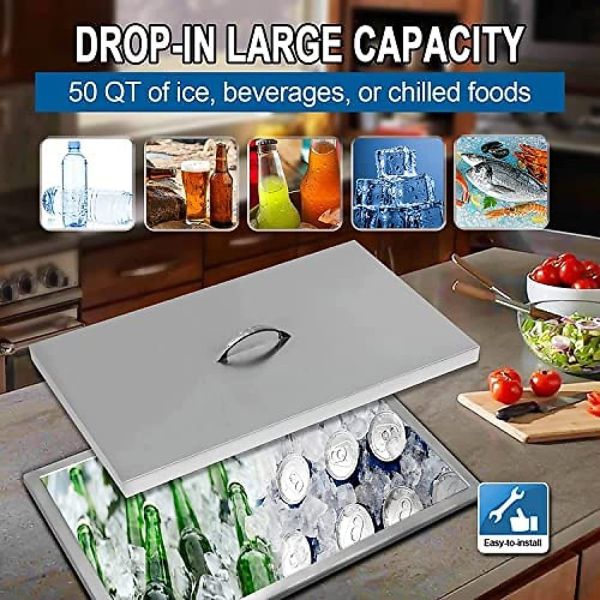 Drop-in Ice Chest Built in Ice Bin with Removable Cover SUS 304 Stainless Steel Ice Cooler Including Drain-Pipe & Drain Plug for Cold Wine Beer Beverage (23''L x 17''W x 13''H)