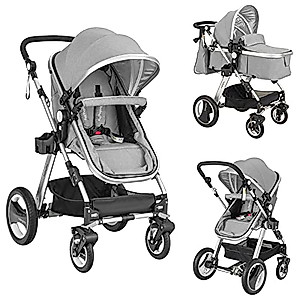 BABY JOY Baby Stroller, 2-in-1 Convertible Bassinet Reclining Stroller, Foldable Pram Carriage with 5-Point Harness, Including Cup Holder, Foot Cover, Diaper Bag, Aluminum Structure, Gray