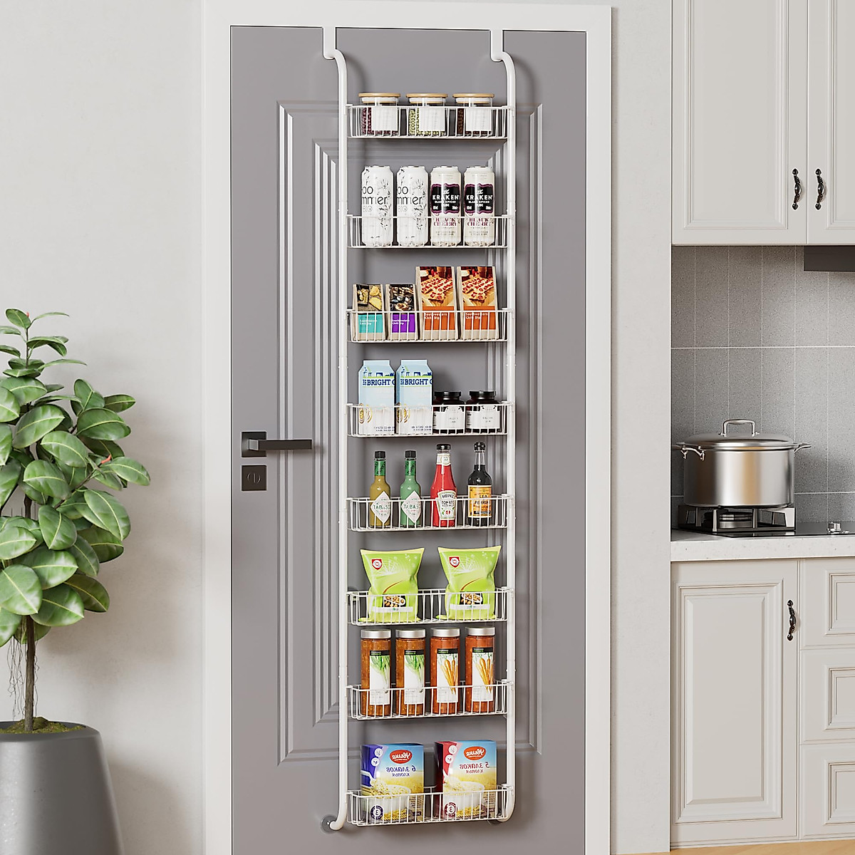 TIMEBAL Over the Door Pantry Organizer, 8-Tier Metal Hanging Rack with 8 Large Baskets, Rust Resistant, White