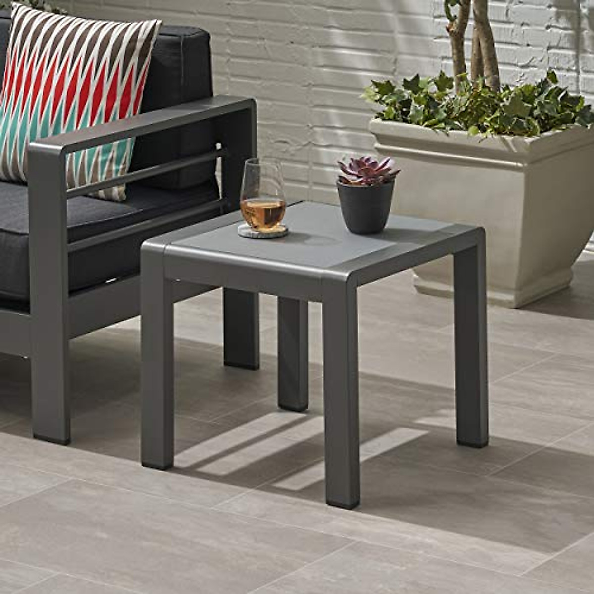 GDFStudio Outdoor Aluminum Side Table with Glass Top, Matte Gray and Gray Finish