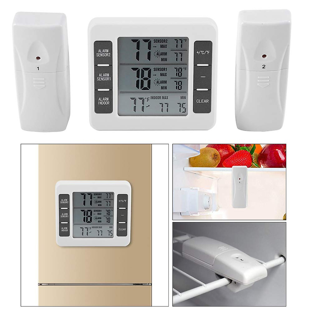 Wireless Therometer-Refrigerator Thermometer Wireless Digital Freezer Thermometer with 2PCS Wireless Sensors with Audible Alarm for Indoor Outdoor Thermometer (Battery not Included)